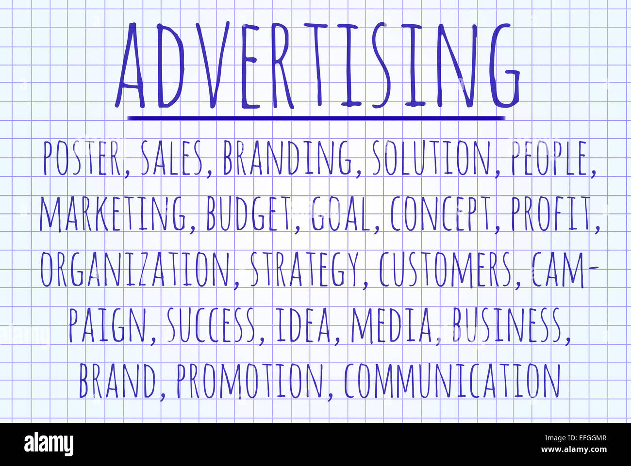 Advertising word cloud written on a piece of paper Stock Photo - Alamy