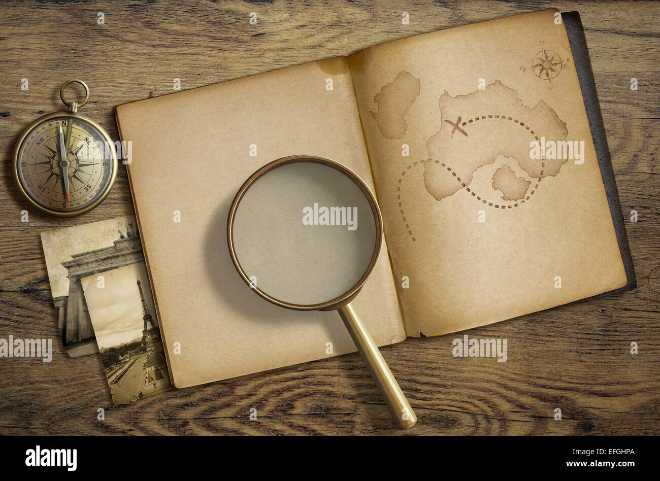 Adventure and travel nautical theme. Diary with map and magnifying ...