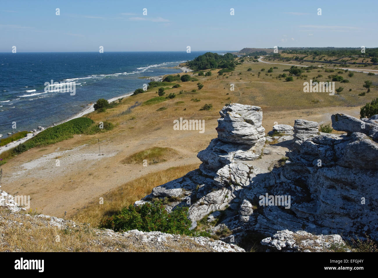 Landscape with limestone cliffs from Hoburgen in southwestern Gotland ...