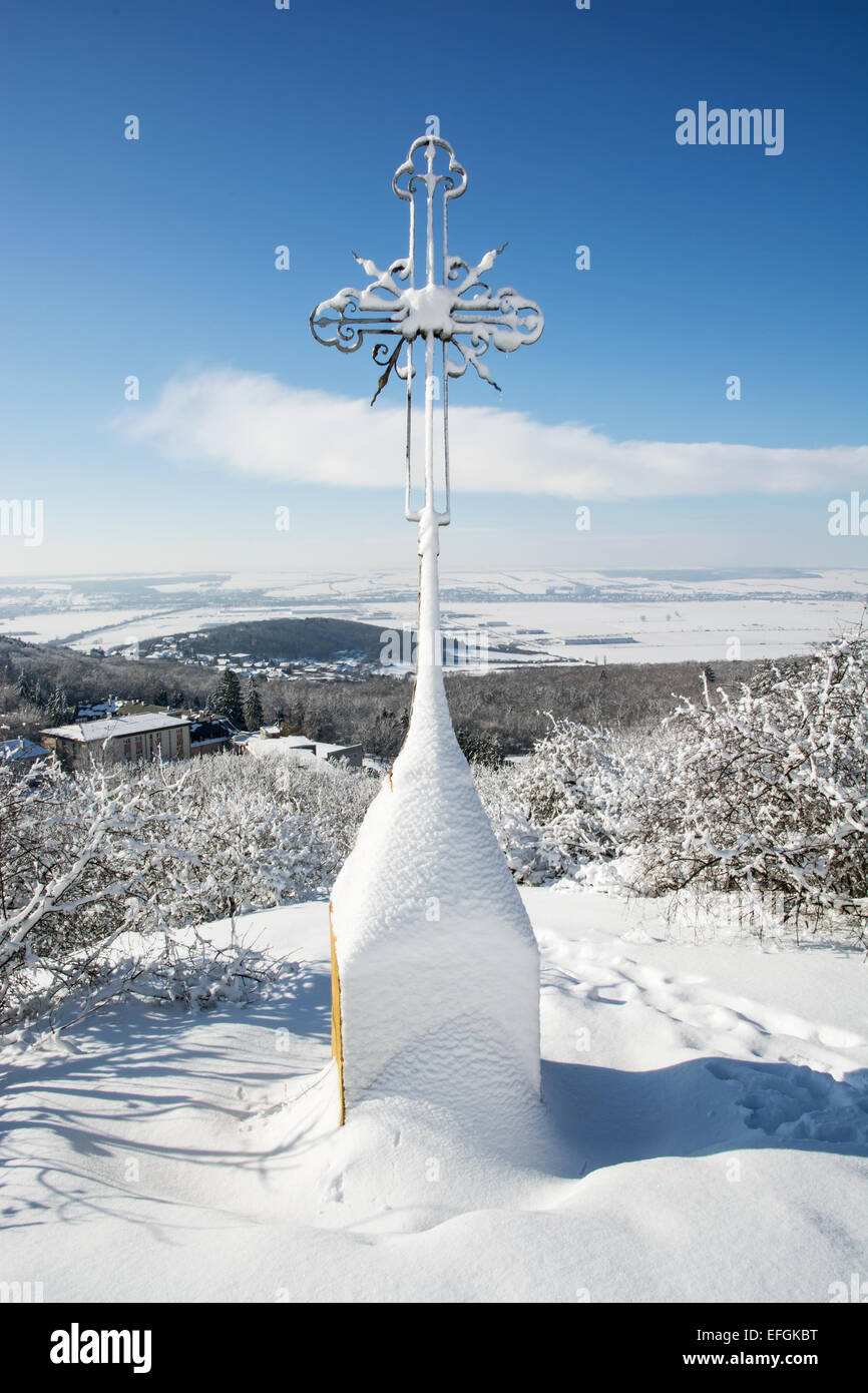 Snowy christian cross in outdoors. Nitra, Slovak republic Stock Photo ...