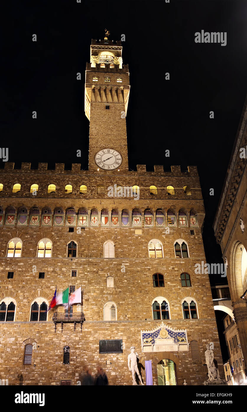David statue at night in Piazza della Signoria square. The masterpiece ...