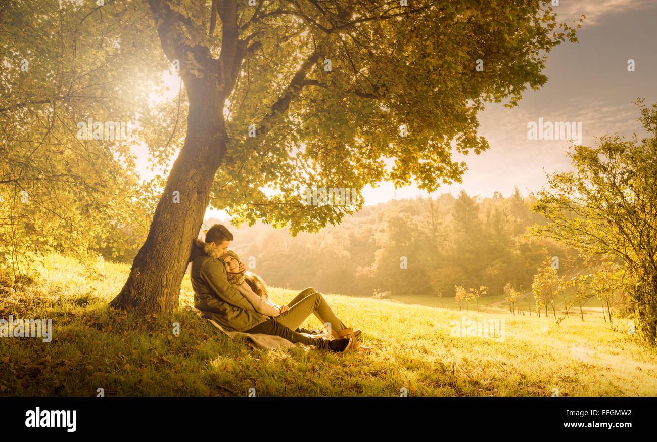 Loving couple under a big tree in the park in autumn Stock Photo - Alamy