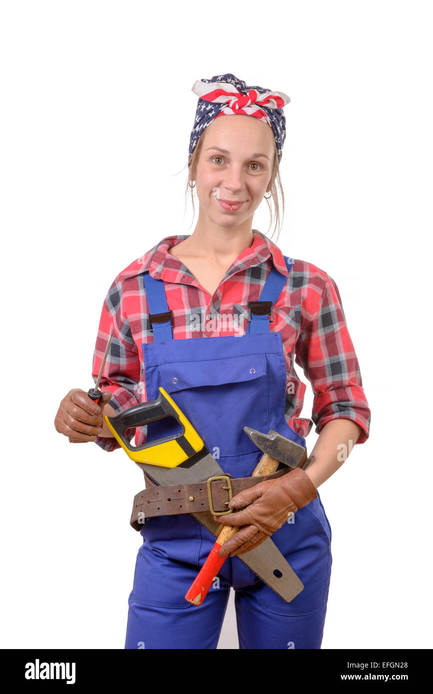 pretty young woman with tools to tinkering on the white background ...