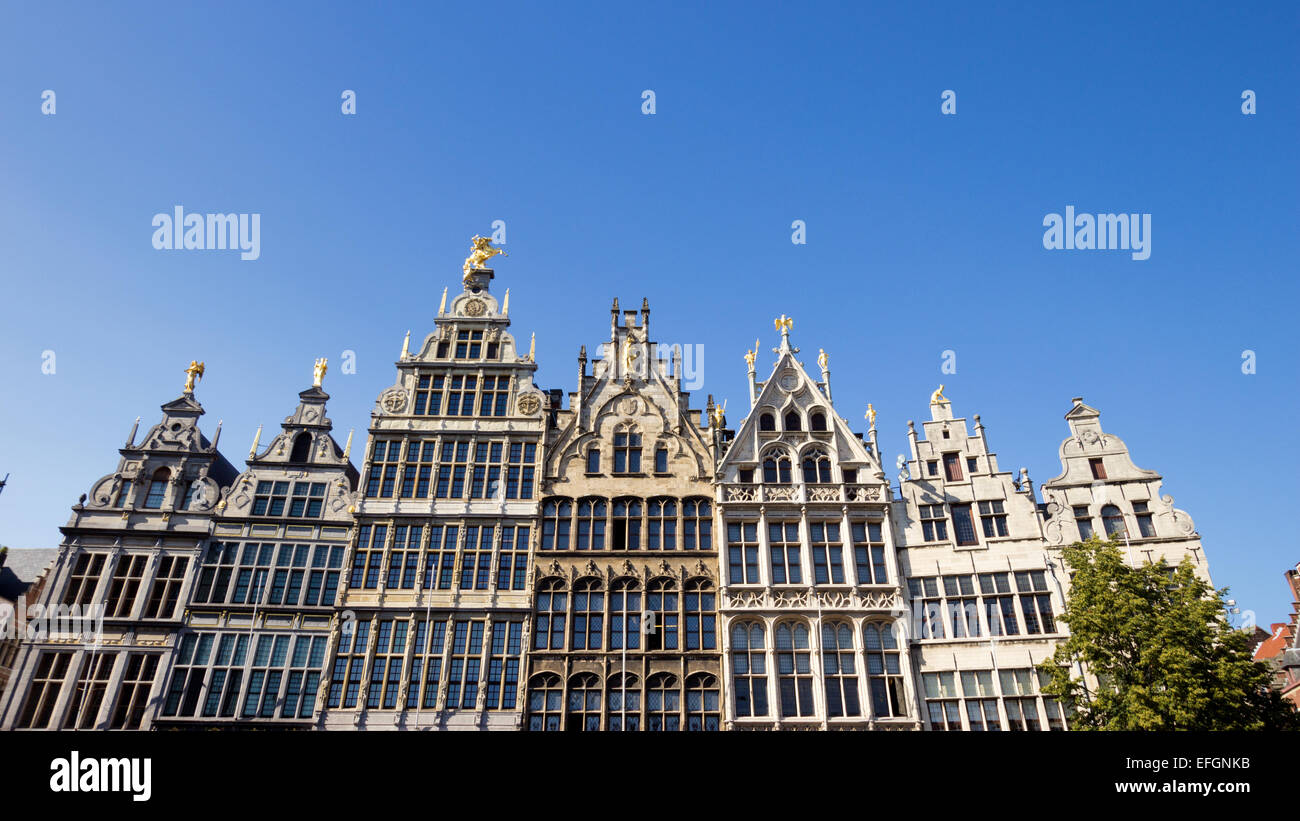 Facades of historical houses on the market square in Antwerp, Belgium ...