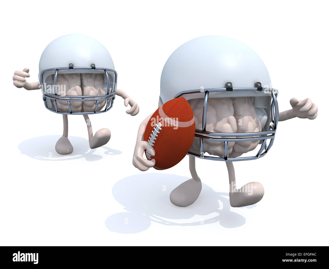 two human brains with arms, legs, helmets and rugby ball, 3d ...