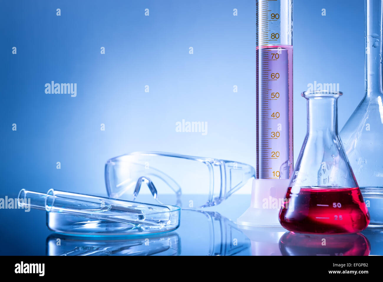 Laboratory equipment, bottles, flasks with pink,light red liquid Stock ...