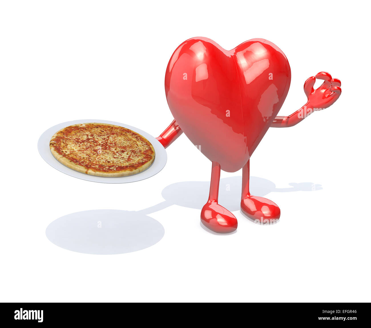 heart with arms, legs and dish of pizza on hand, 3d illustration Stock ...