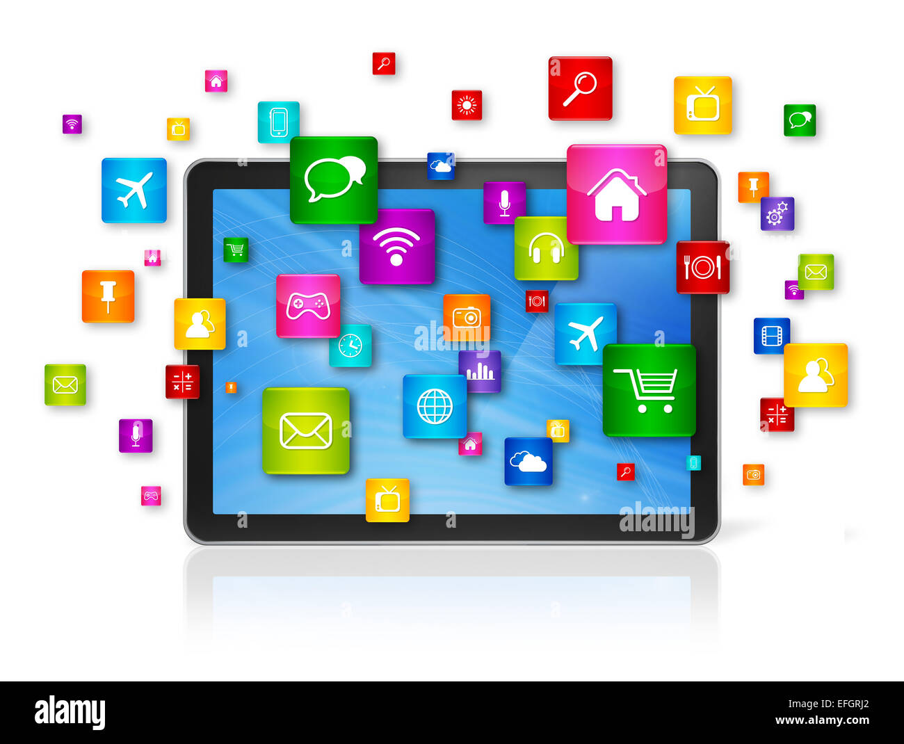 3D Digital Tablet pc with flying apps icons - isolated on white Stock ...