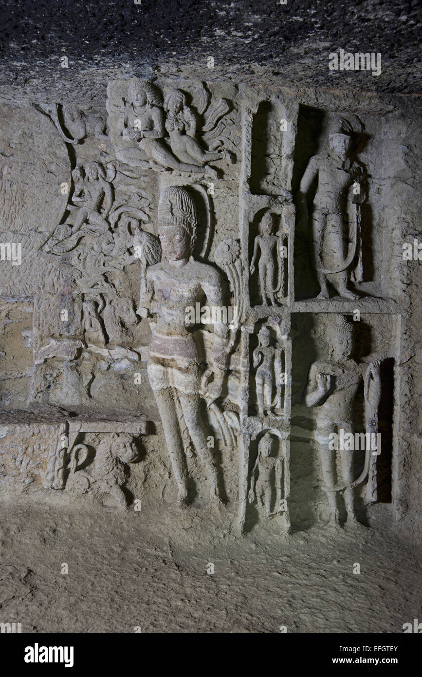 Cave 90 Chowri bearer on the right, shrine panel. Kanheri Caves ...
