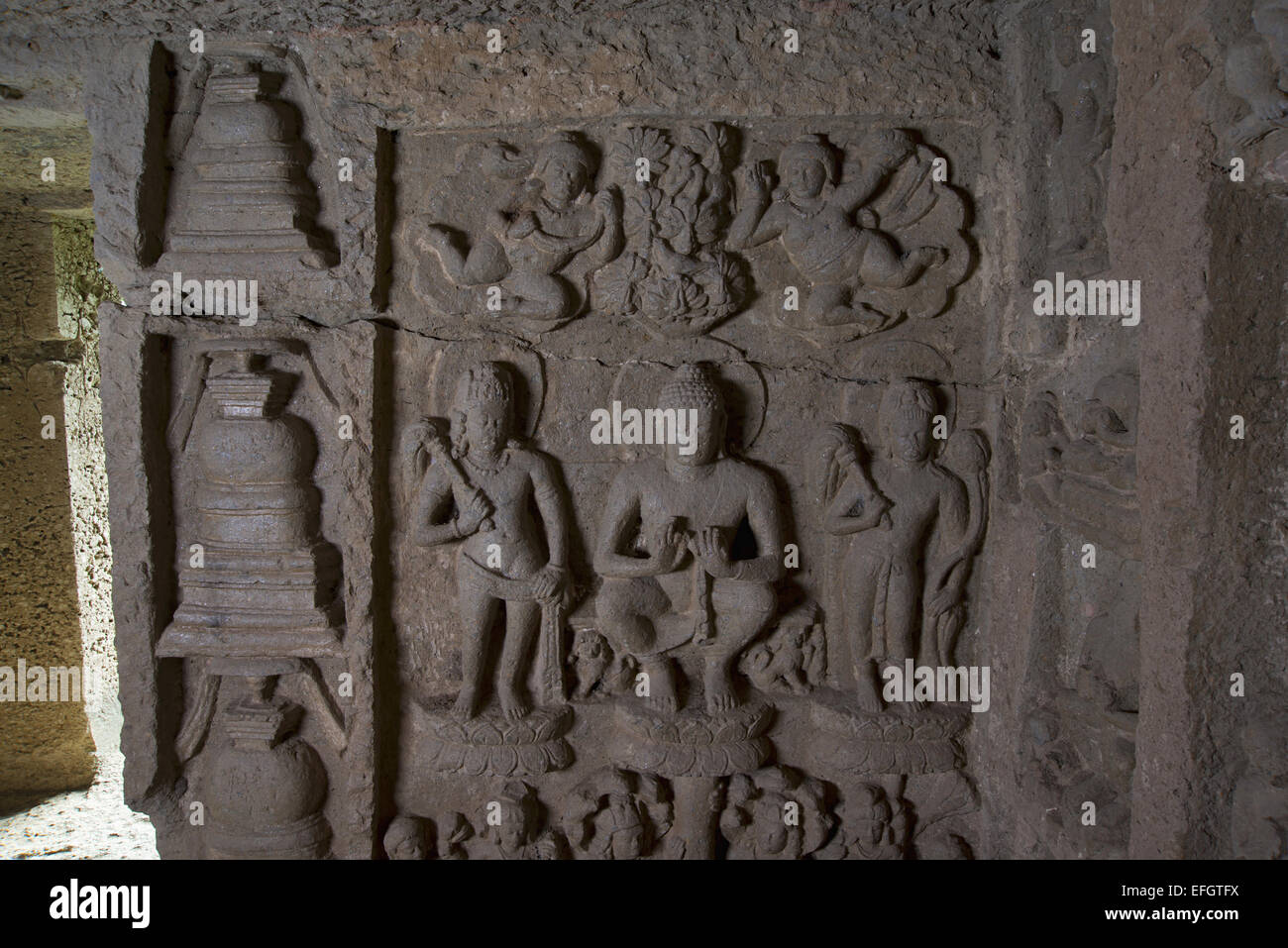 Cave 90 Upper portion of Miracle of sravasti. Also seen are the votive ...