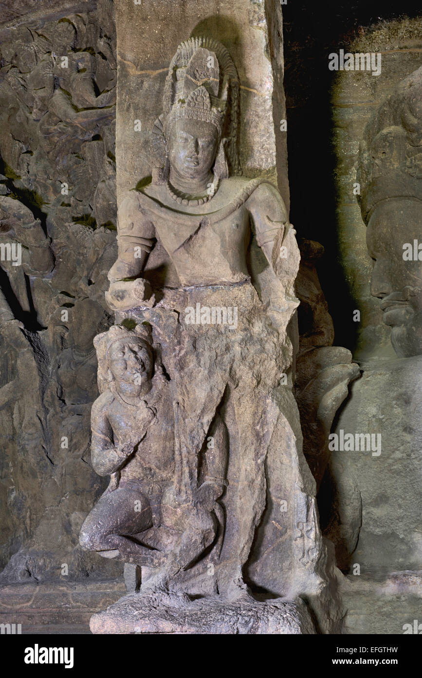 Cave 1 Guardian figure accompanied by a dwarf on left of Mahesh Murti ...