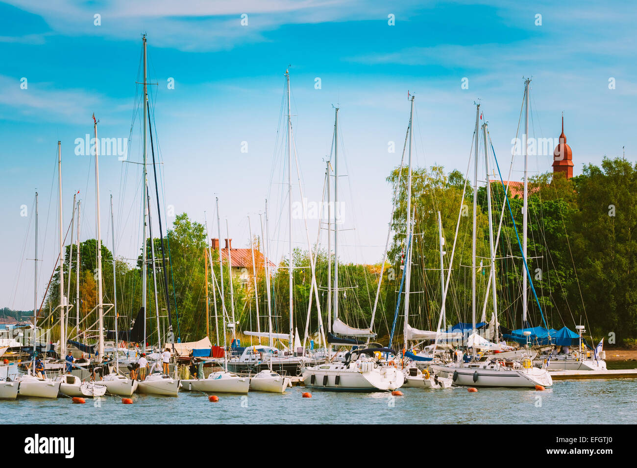 Helsinki, Finland. Harbour And Quay Yacht Stand At Pier, Jetty In ...