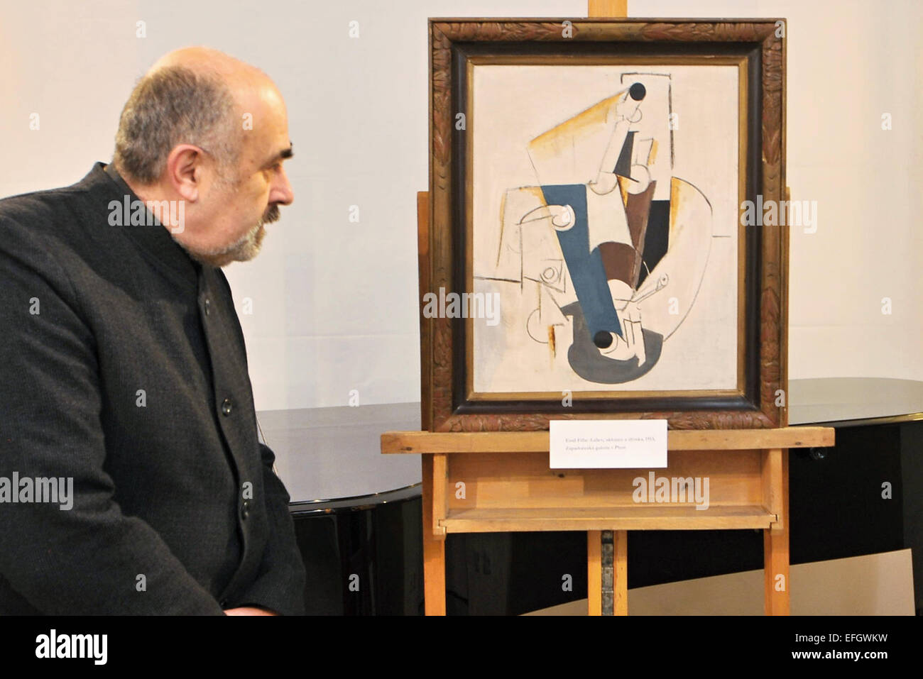 Painting of Emil Filla named Bottle, Glass and Pipe from 1913 is seen ...