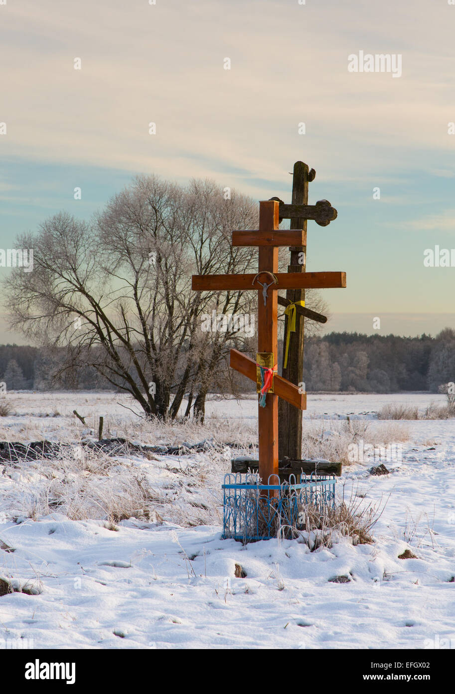 Orthodox church crosses in sunset light against willow tree in winter ...