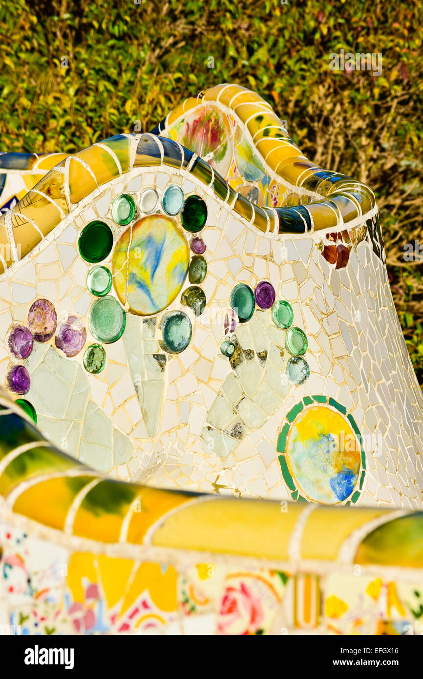 Colorful ceramic bench. Park Guell designed by Antoni Gaudi. Barcelona ...