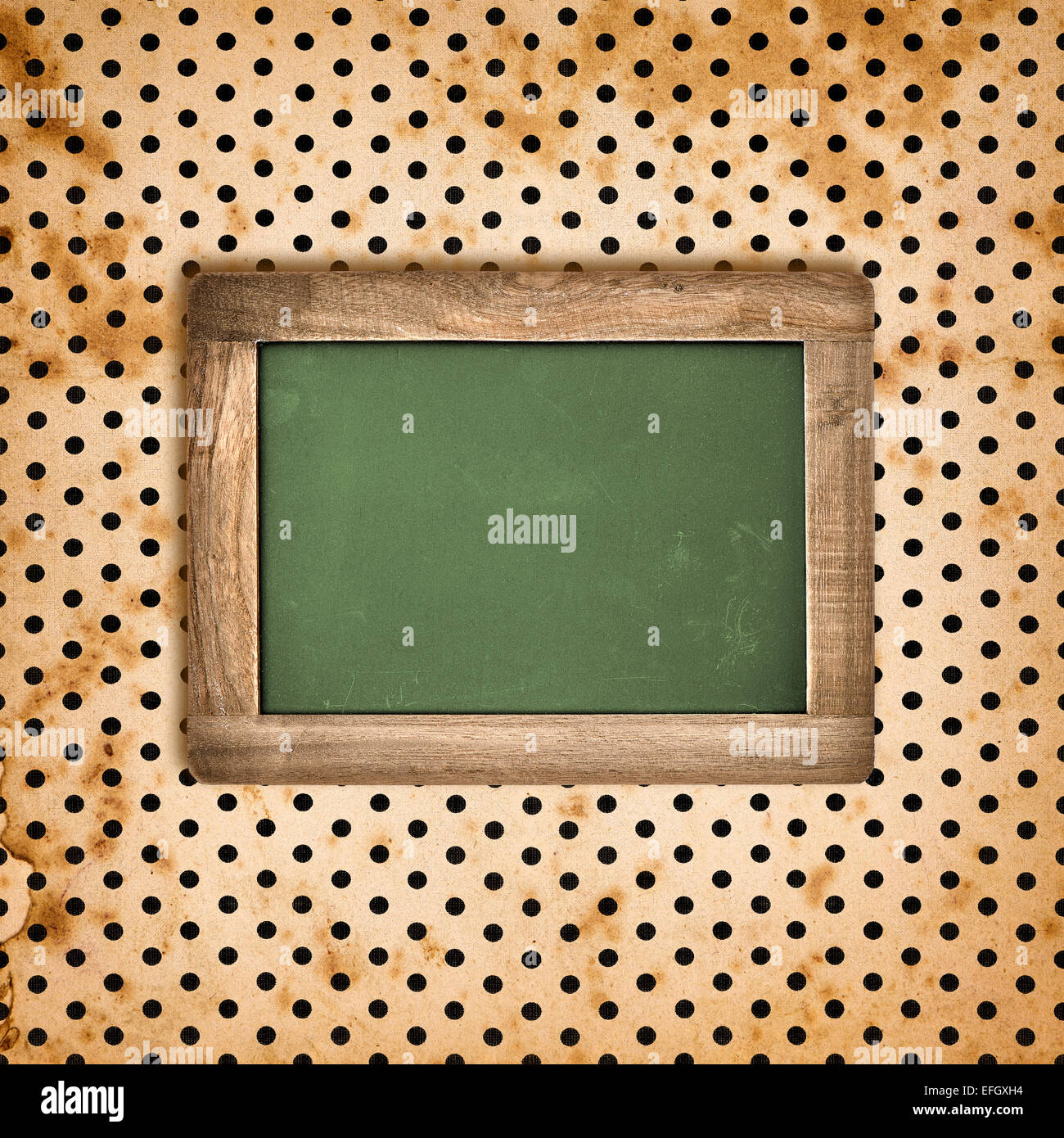 vintage green chalkboard with wooden frame over retro style polka dot ...