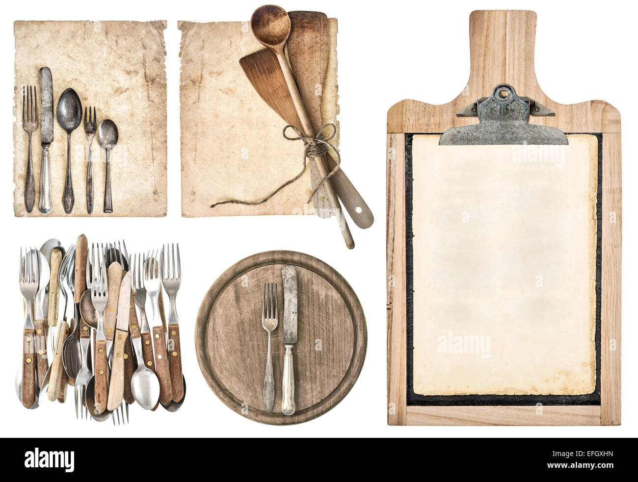 kitchen board, aged recipe paper and vintage cutlery isolated on white ...
