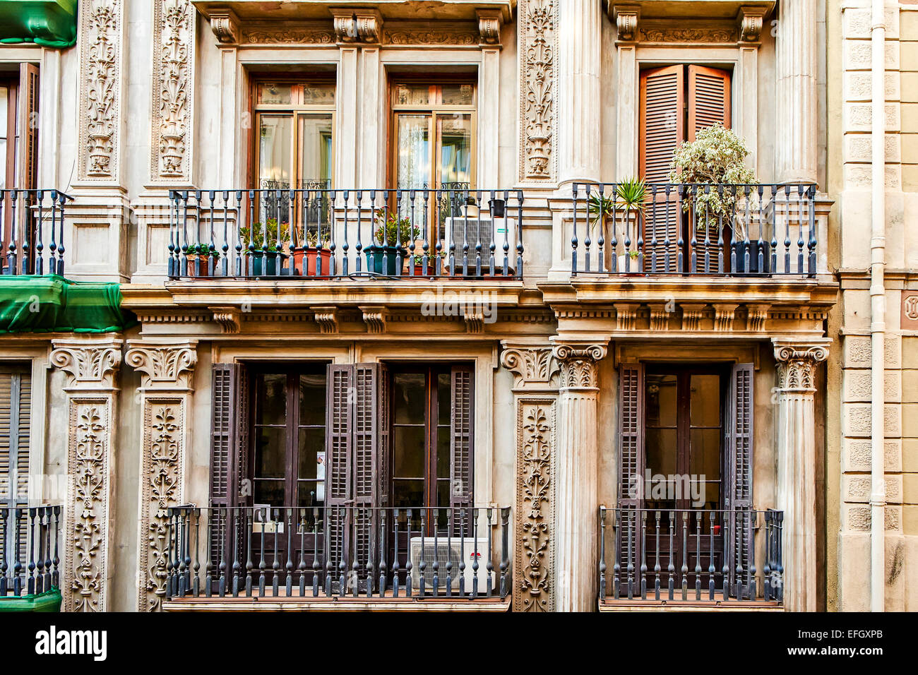 Typical balcony windows in the centre of Barcelona, Catalonia, Spain ...