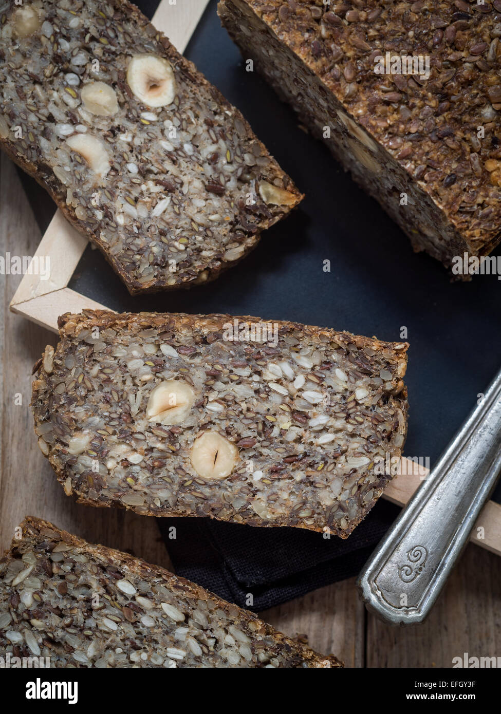 Flourless bread with sunflower, flax and chia seeds, oats, psyllium seed husks and hazelnuts ...