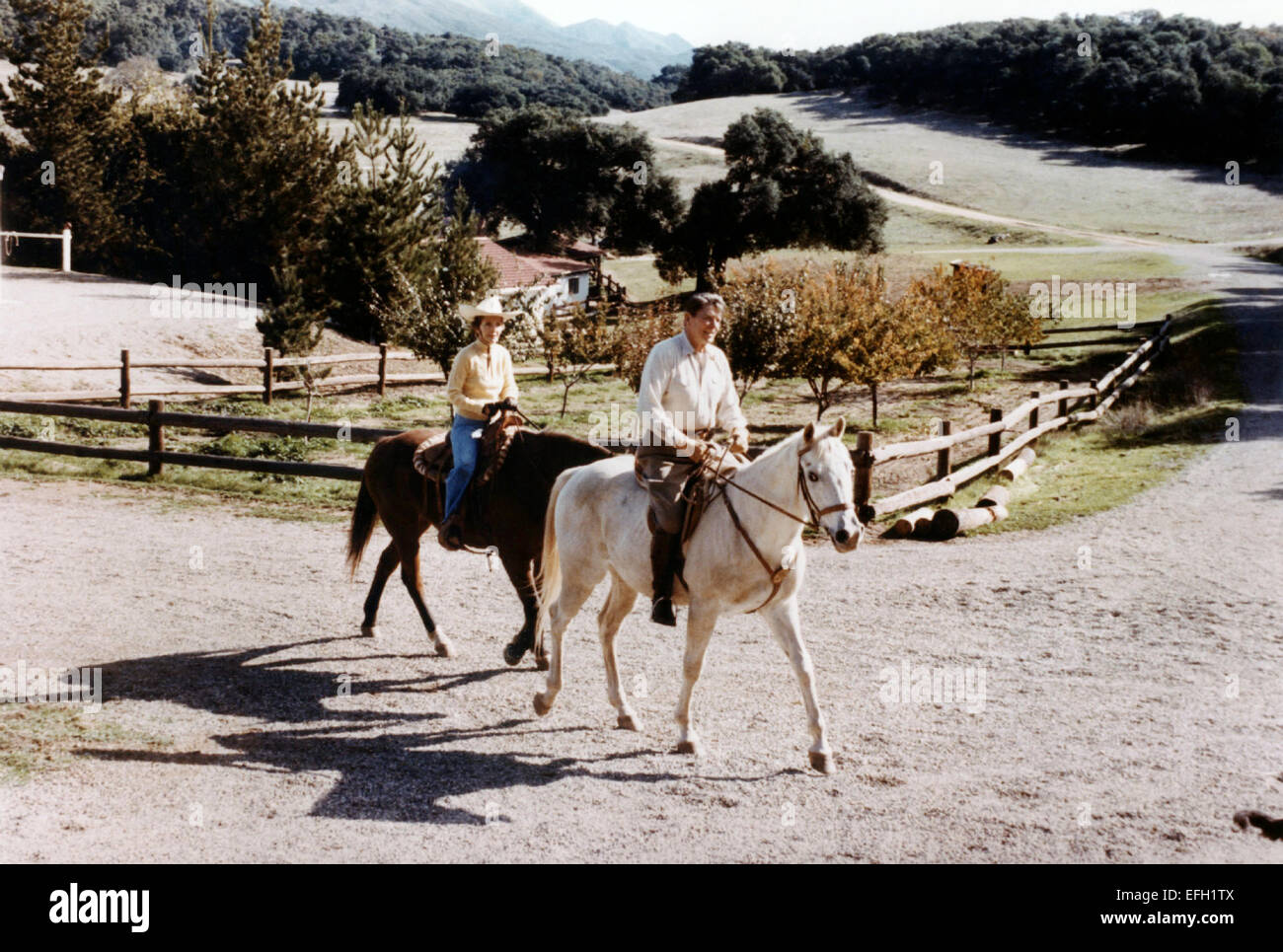 US President Ronald Reagan First Lady Nancy Reagan horseback riding at ...