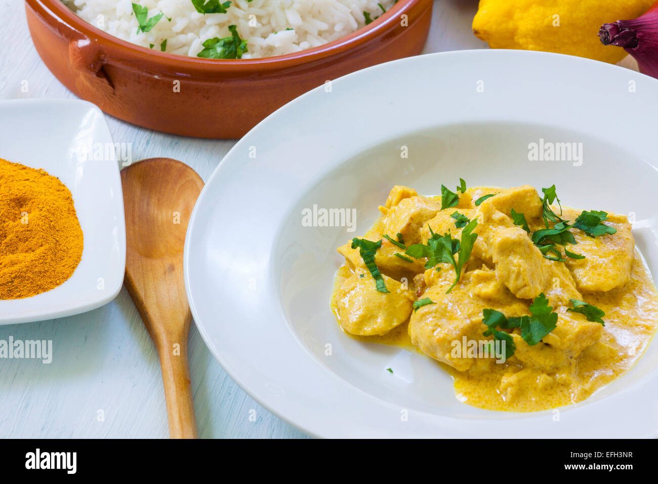 chicken curry with boiled rice and spices Stock Photo - Alamy