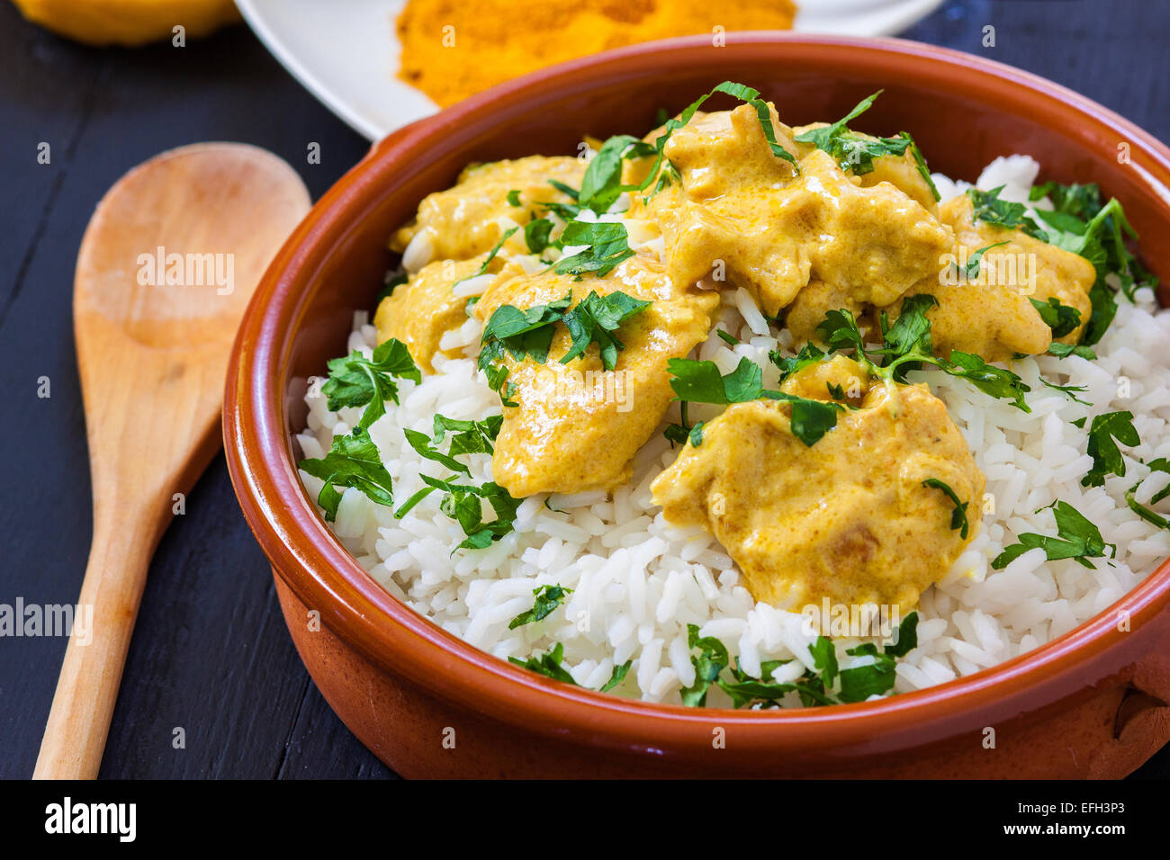 chicken curry with boiled rice and spices Stock Photo - Alamy