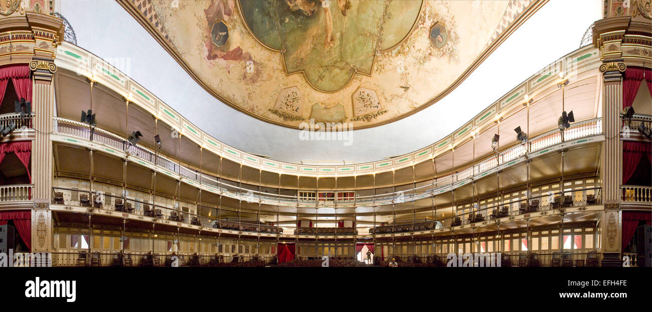 Horizontal panoramic view of the Baroque auditorium in the Teatro Tomas ...