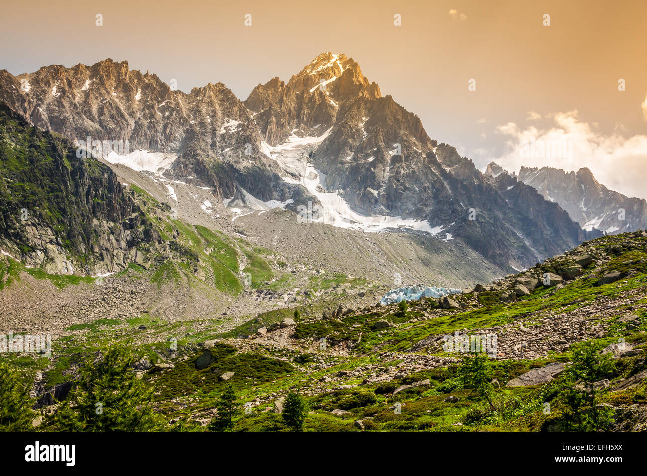 Hiking to Argentiere glacier with the view on the massif des Aiguilles ...