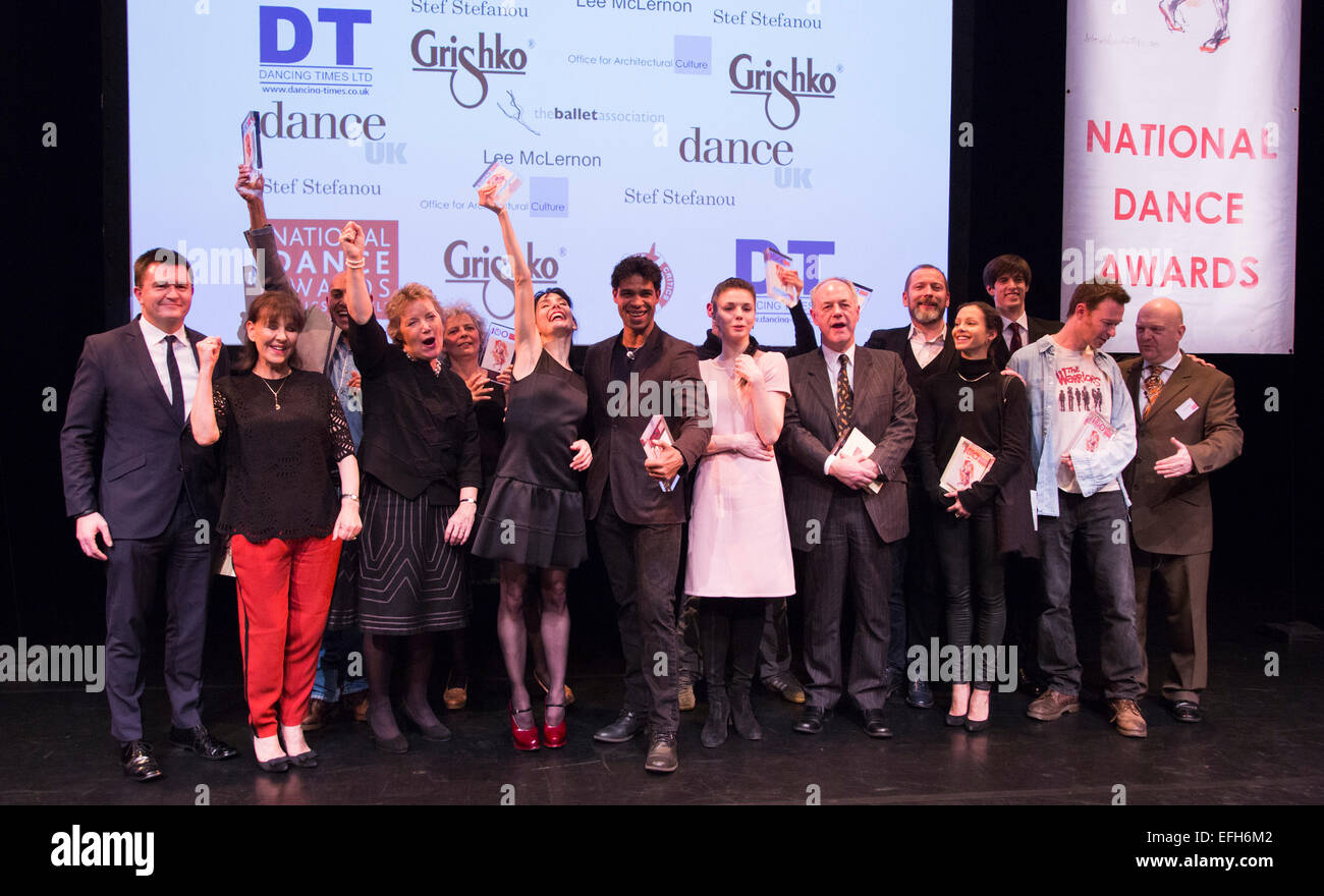 The winners line up on stage. From left: Justin Bickle, Arlene Phillips ...
