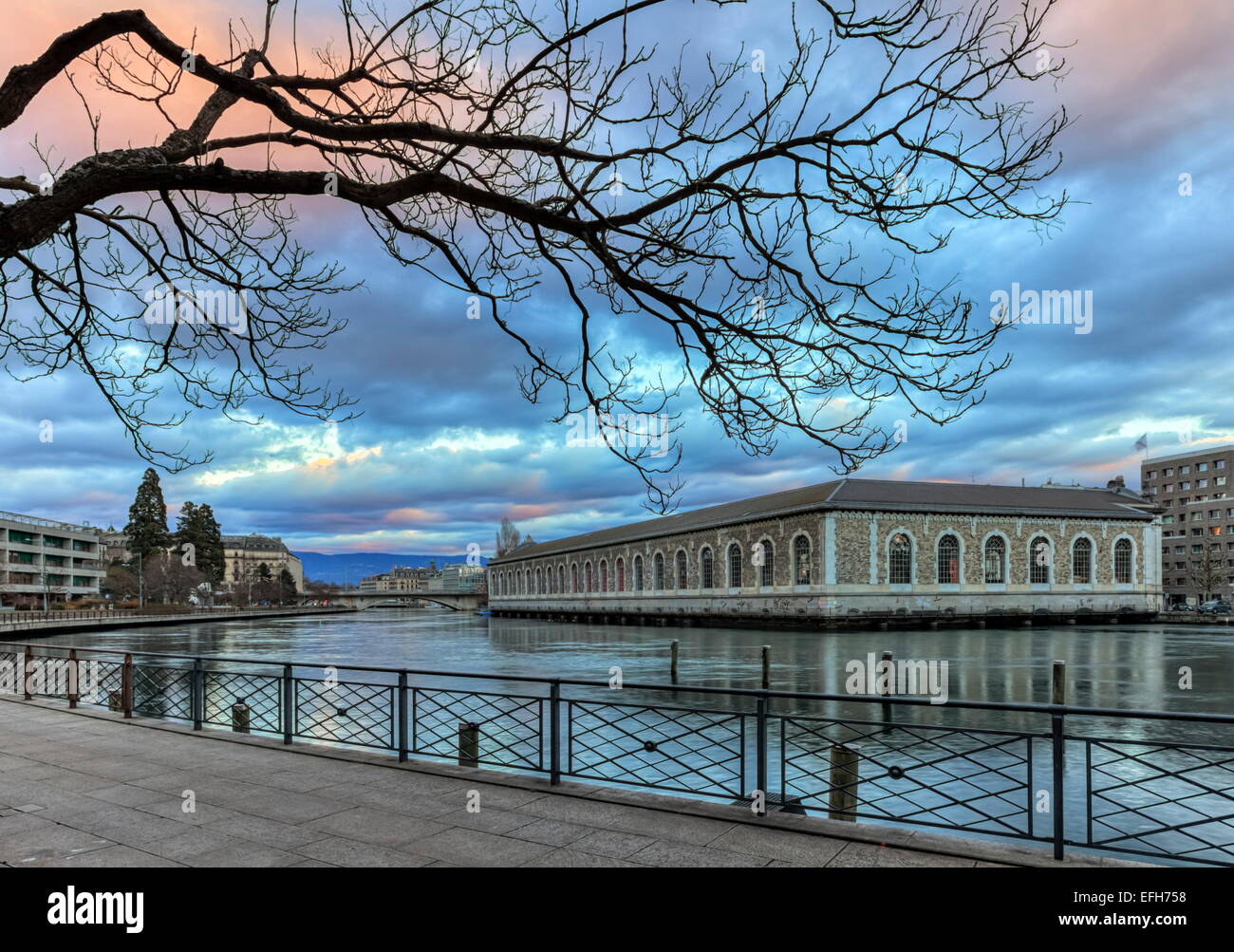 BFM, promenade and Rhone river by sunset, Geneva, Switzerland Stock ...