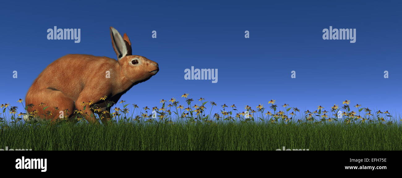 Red rabbit standing in the grass with flowers by blue day - 3D render ...
