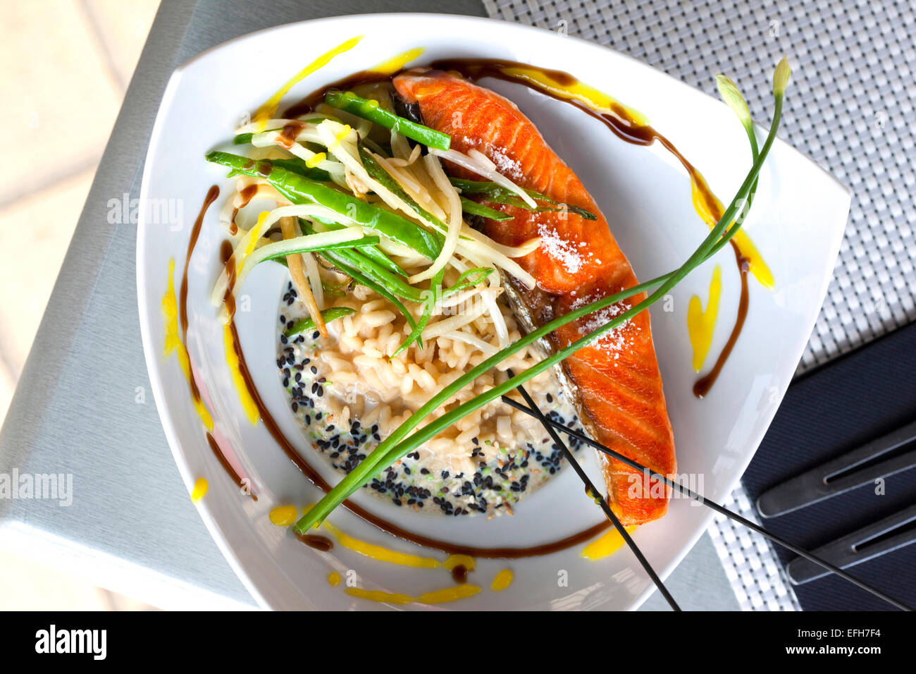 Salmon fillet, rice and vegetables Stock Photo - Alamy