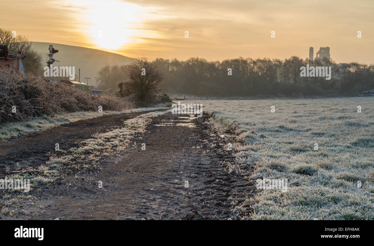 sunrise with frost on castle ruin and field Stock Photo - Alamy