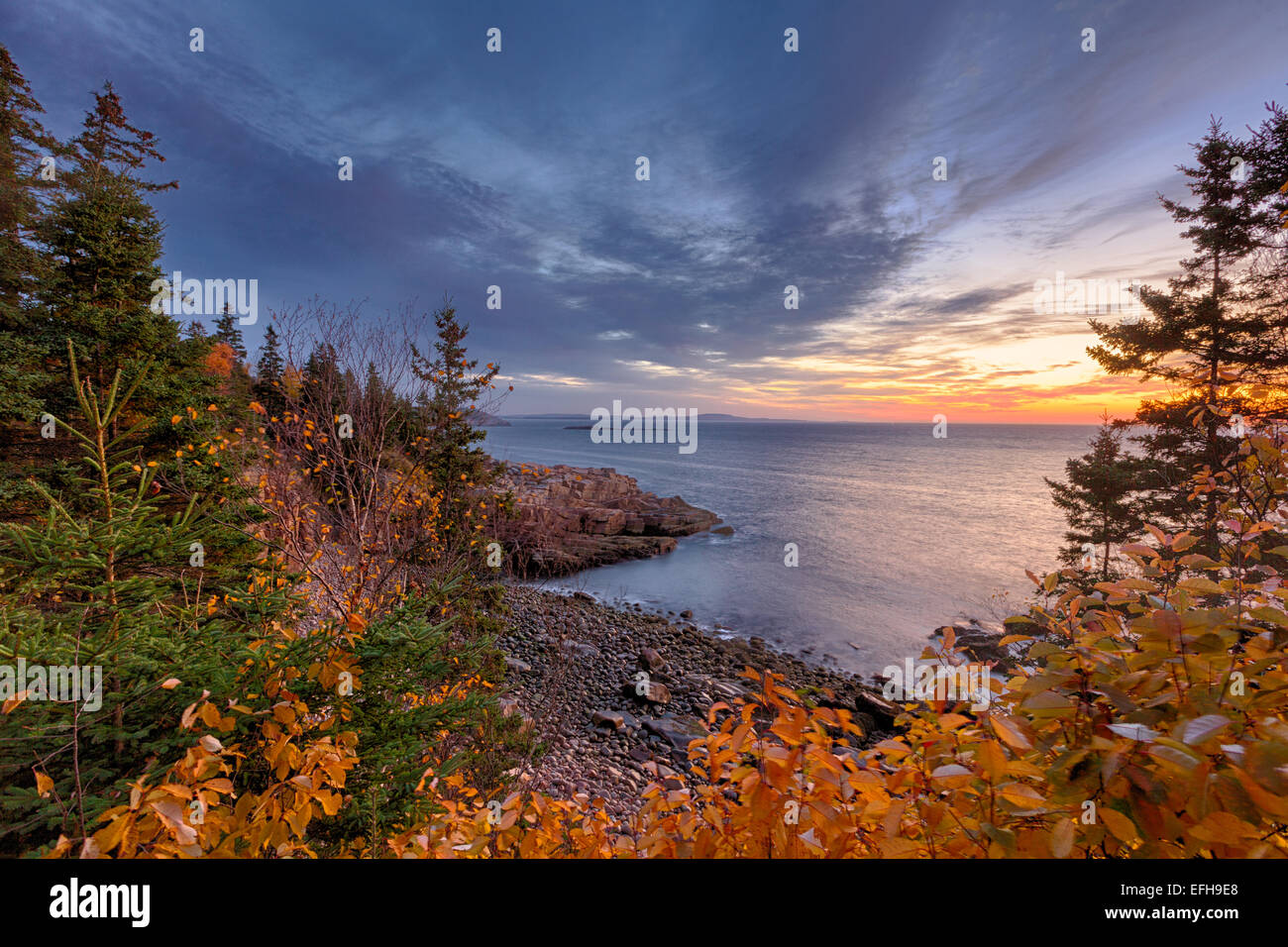 Sunrise above Monument Cove, Acadia National Park, Maine, USA Stock ...
