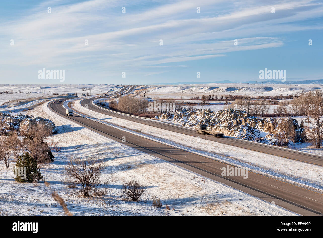 I-25 freeway in winter scenery at Natural Fort geological landmark in ...