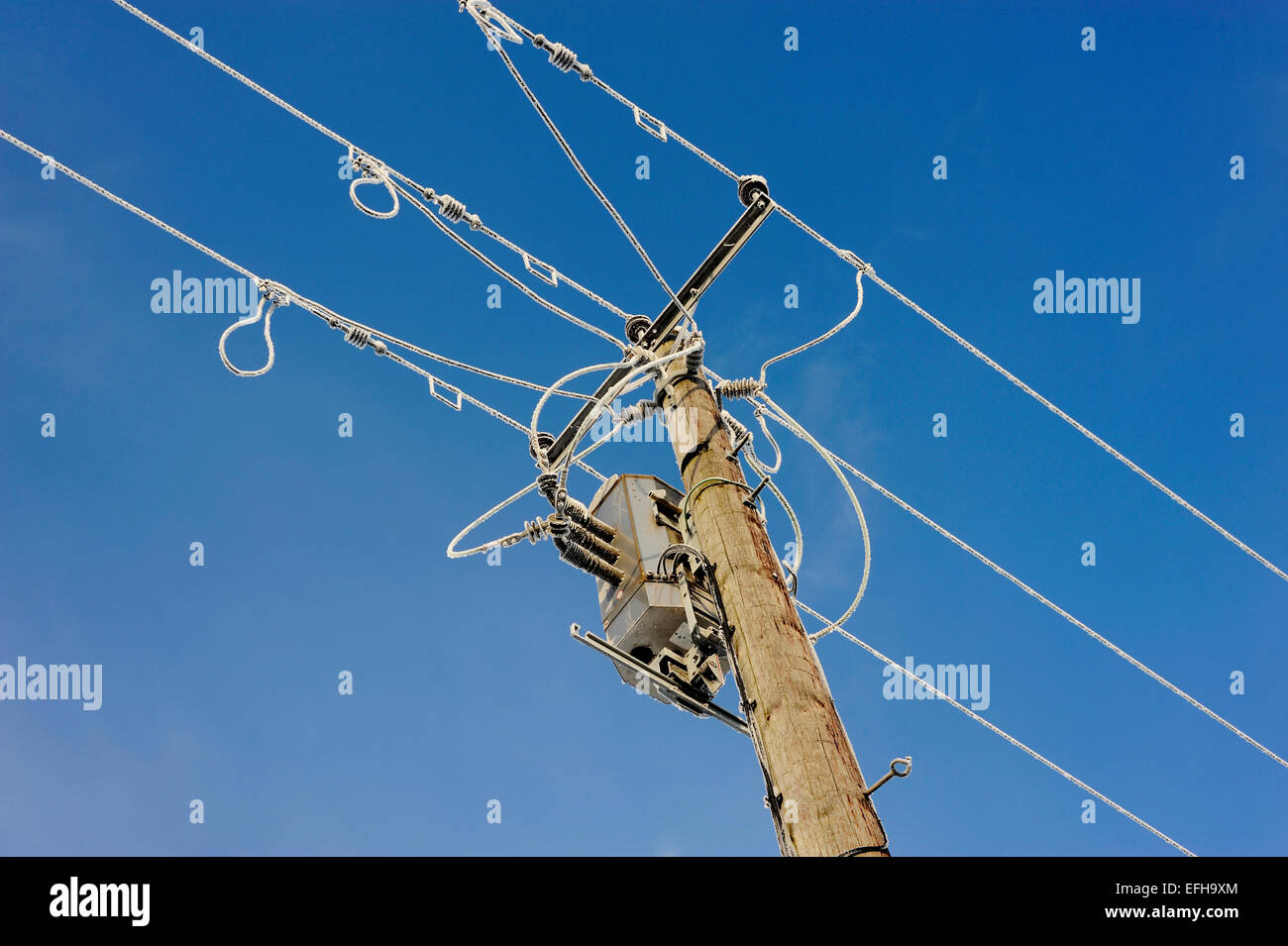 Powerlines covered with snow & frost against a blue sky during winter ...