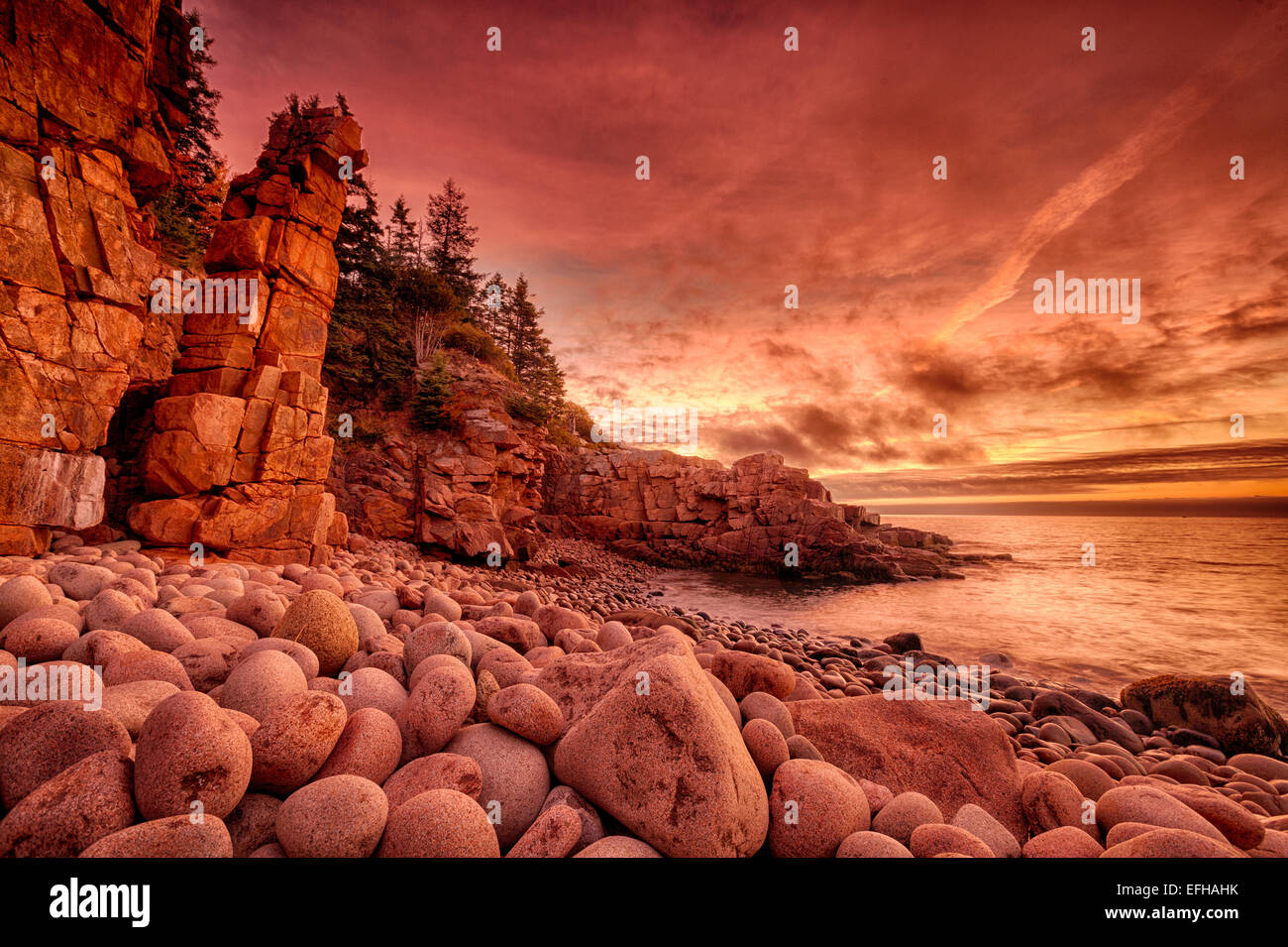 Sunrise, Monument Cove, Acadia National Park, Maine, USA Stock Photo ...