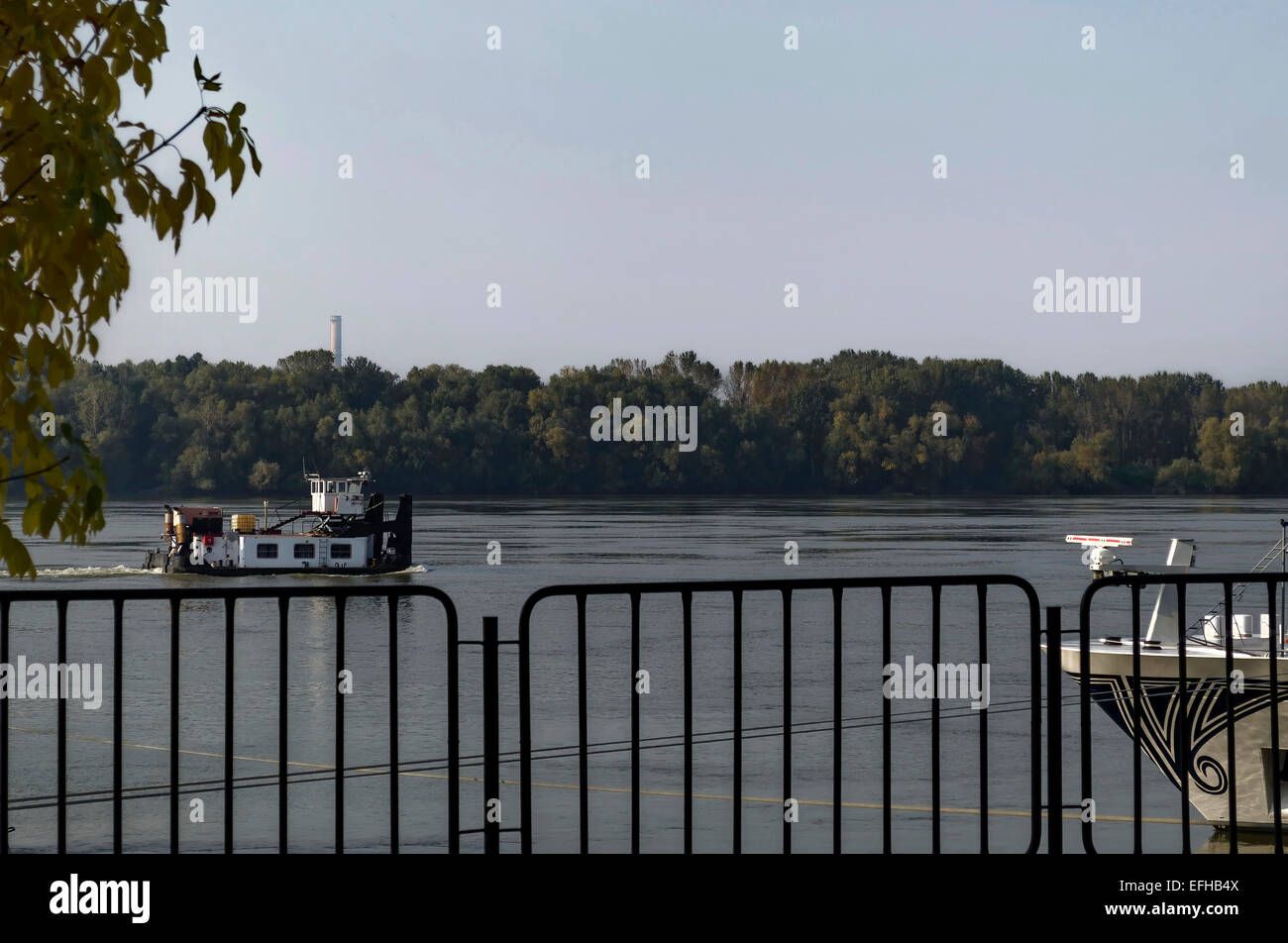 Tugboat pass along the Ruse port at Danube river, Bulgaria Stock Photo ...