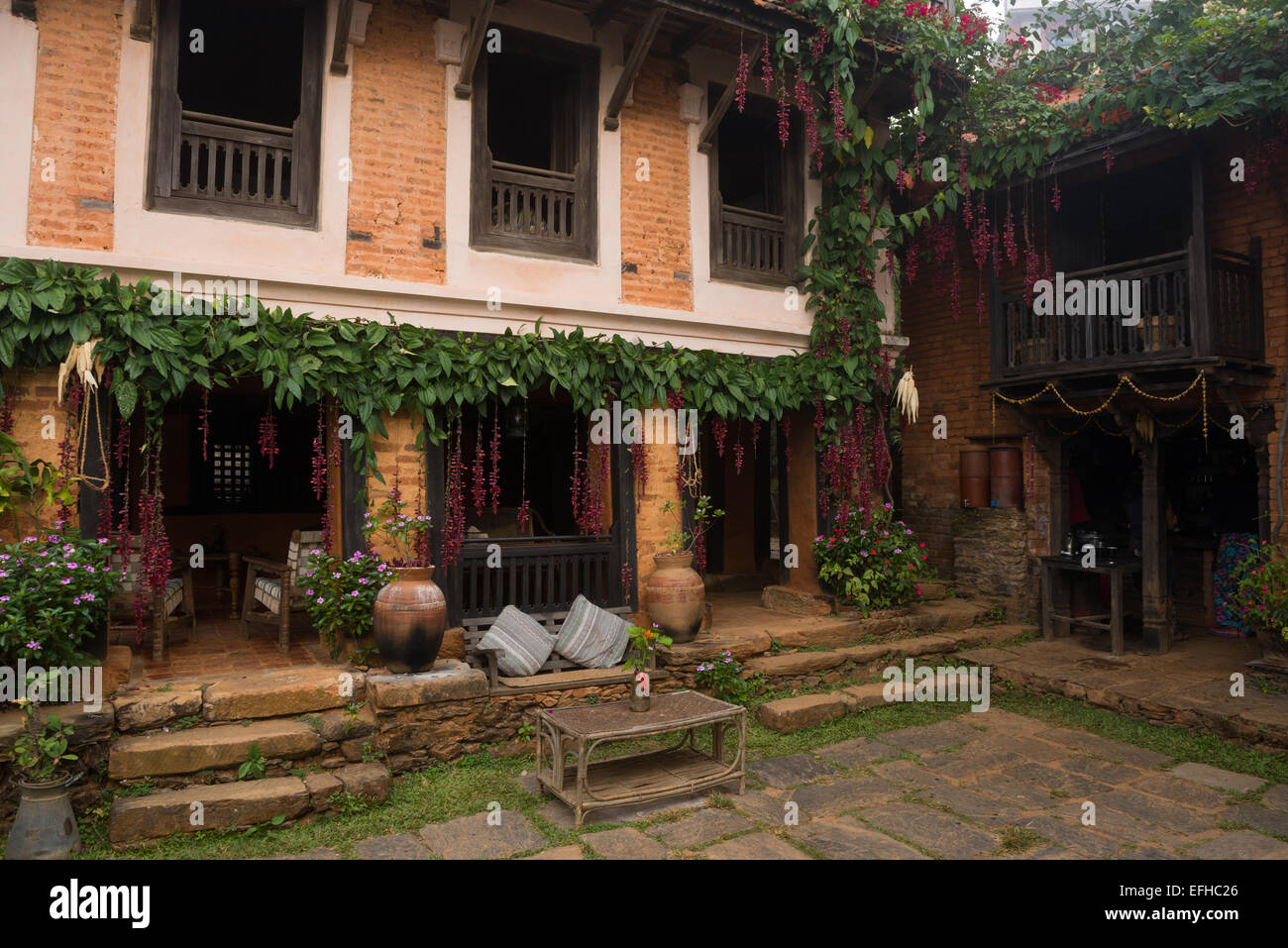 Quiet courtyard of the Famous Farm guesthouse, Nuwakot, Nepal Stock ...
