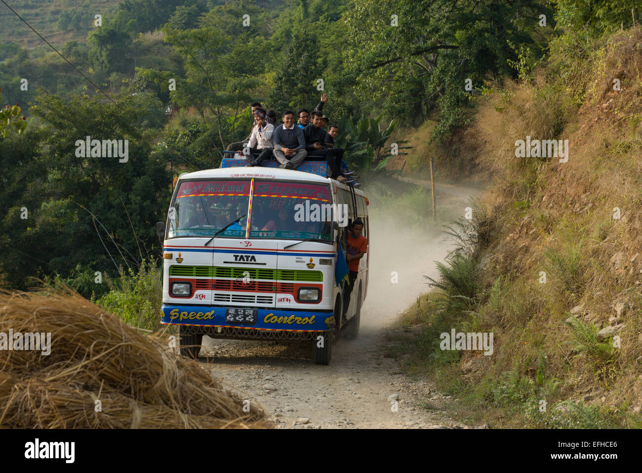 Crowded local bus in the countryside near nuwakot hi-res stock ...