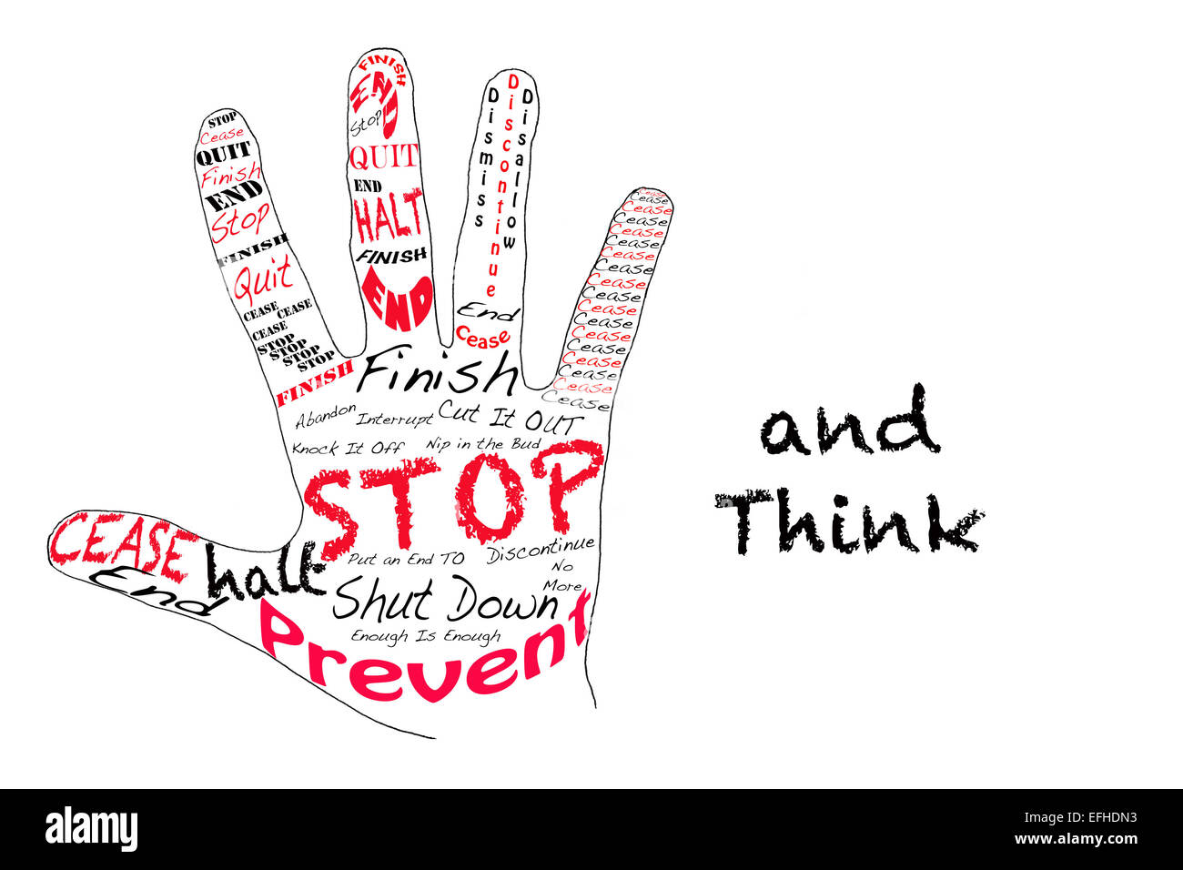 Outline of a hand with the words for Stop along with the words and ...