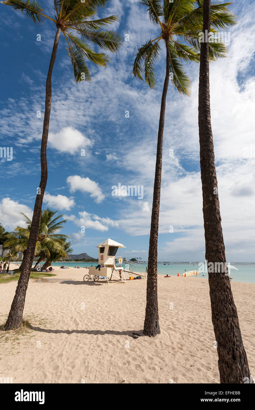 Lifeguard Station on Ala Moana Beach Honolulu. White sand, a blue sky ...