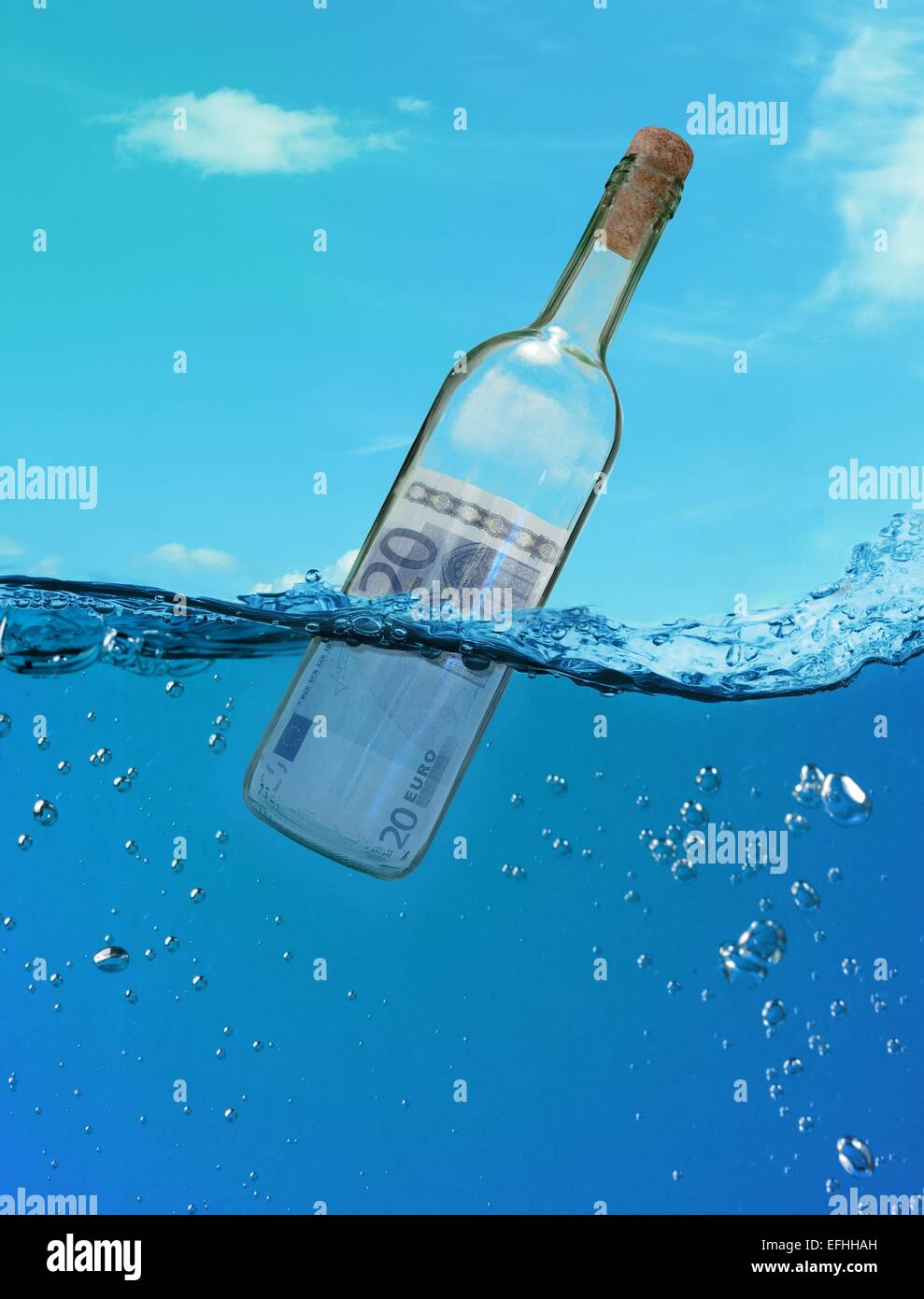 Concept "financial assistance". Bottle of money floating in the water ...