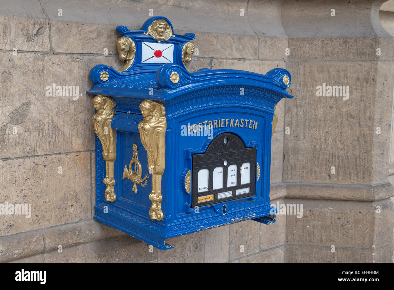 Beautiful antique blue mailbox on the wall of the town hall, Erfurt ...