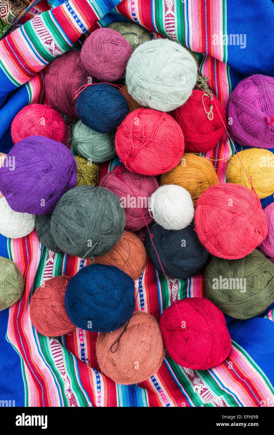 natural dyed wool yarn in the peruvian Andes at Cuzco Peru Stock Photo ...