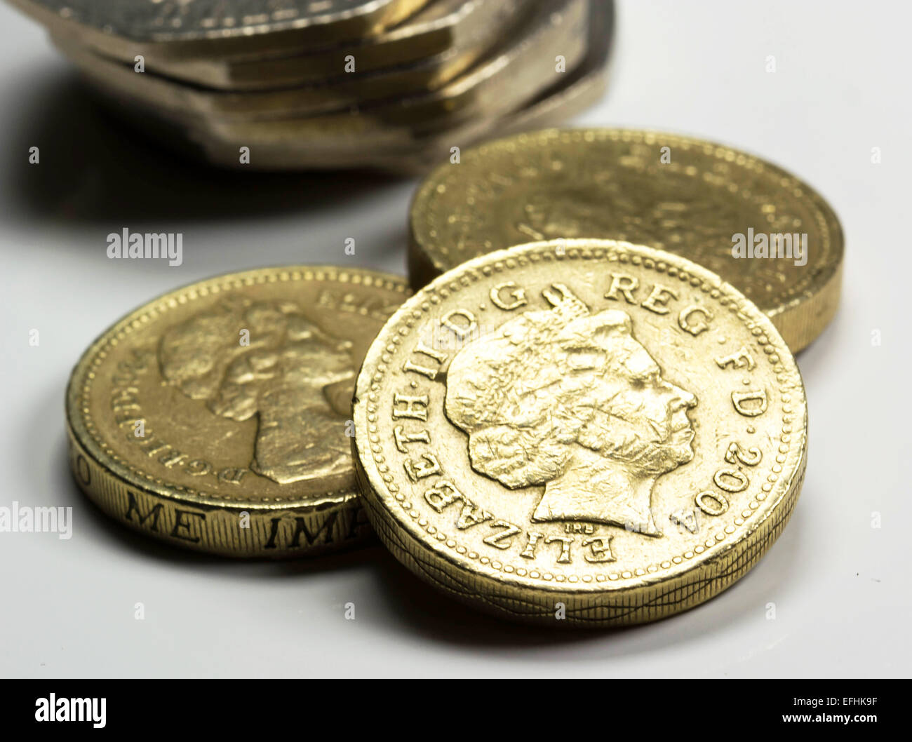 British coins. Focus on one pound portrait of Her Majesty Queen ...