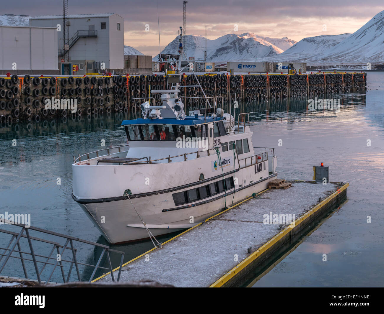 Sunrise at Grundarfjorour ,depicting a white tour boat and harbour view ...