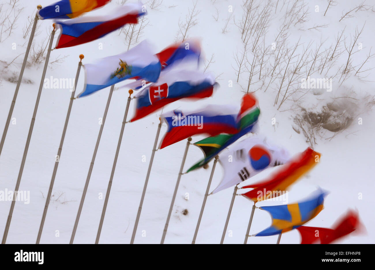 National flags wave in the wind during the 2015 Alpine Skiing World ...