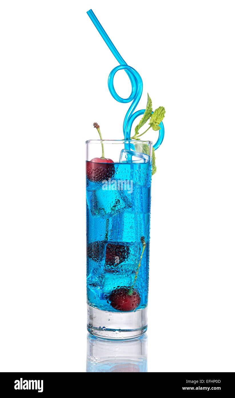 Long Blue Cocktail with Mint and Cherry on isolated white Stock Photo ...