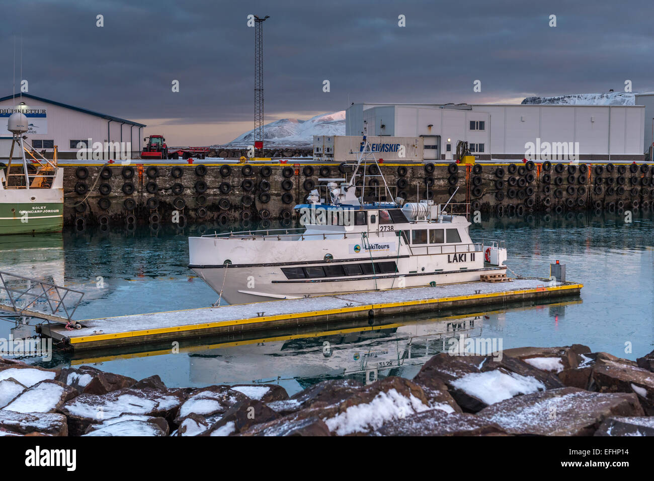 Sunrise at Grundarfjorour ,depicting a white tour boat and harbour view ...